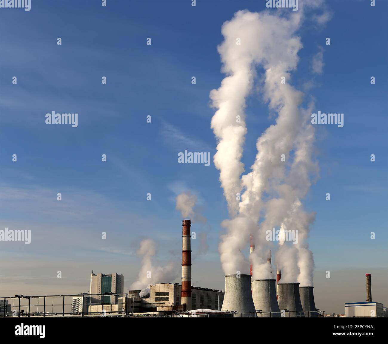 Coal burning power plant with smoke stacks, Moscow, Russia Stock Photo ...