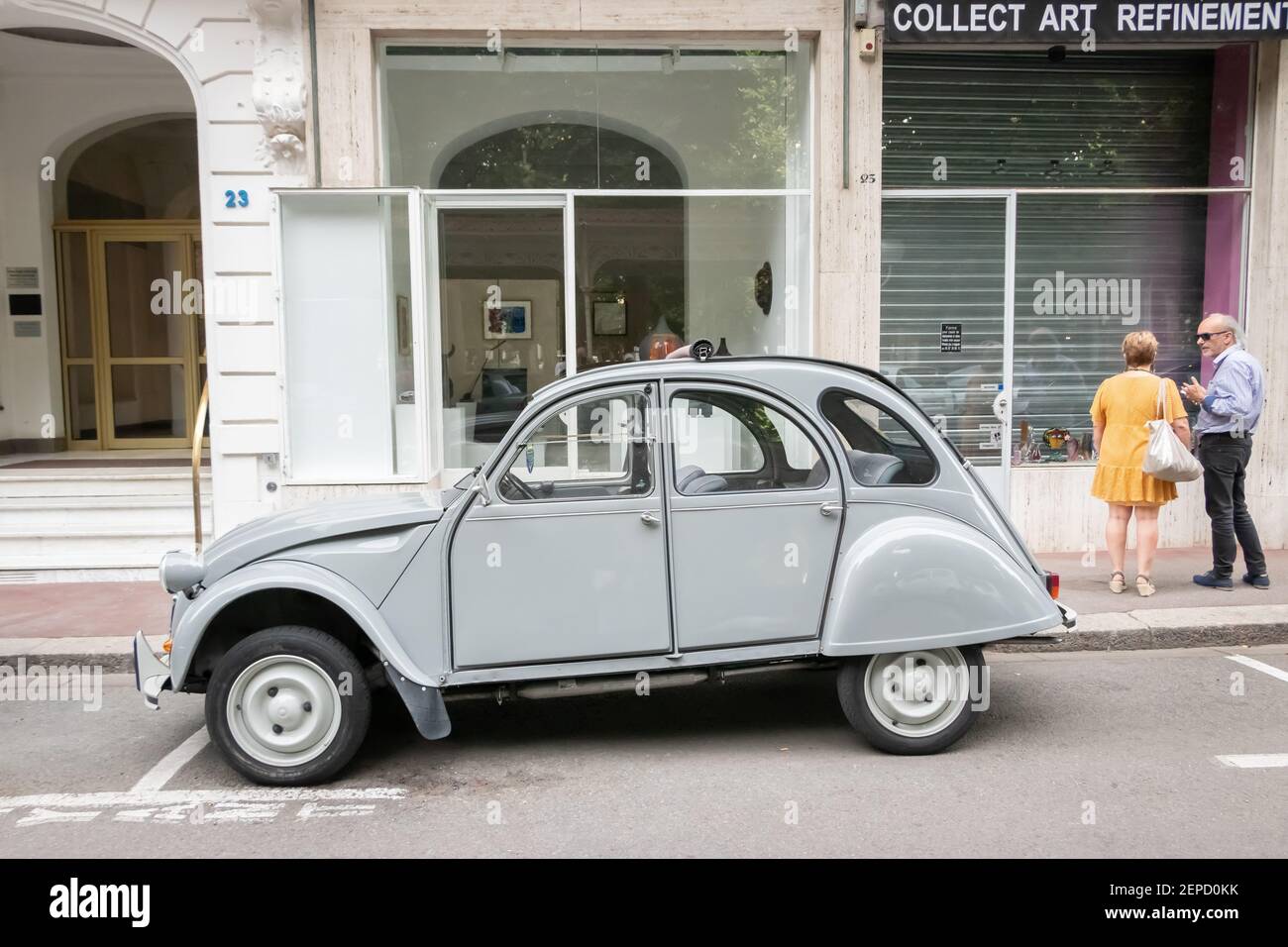 classic French small car the vintage Citroen 2CV in grey in Vichy ...