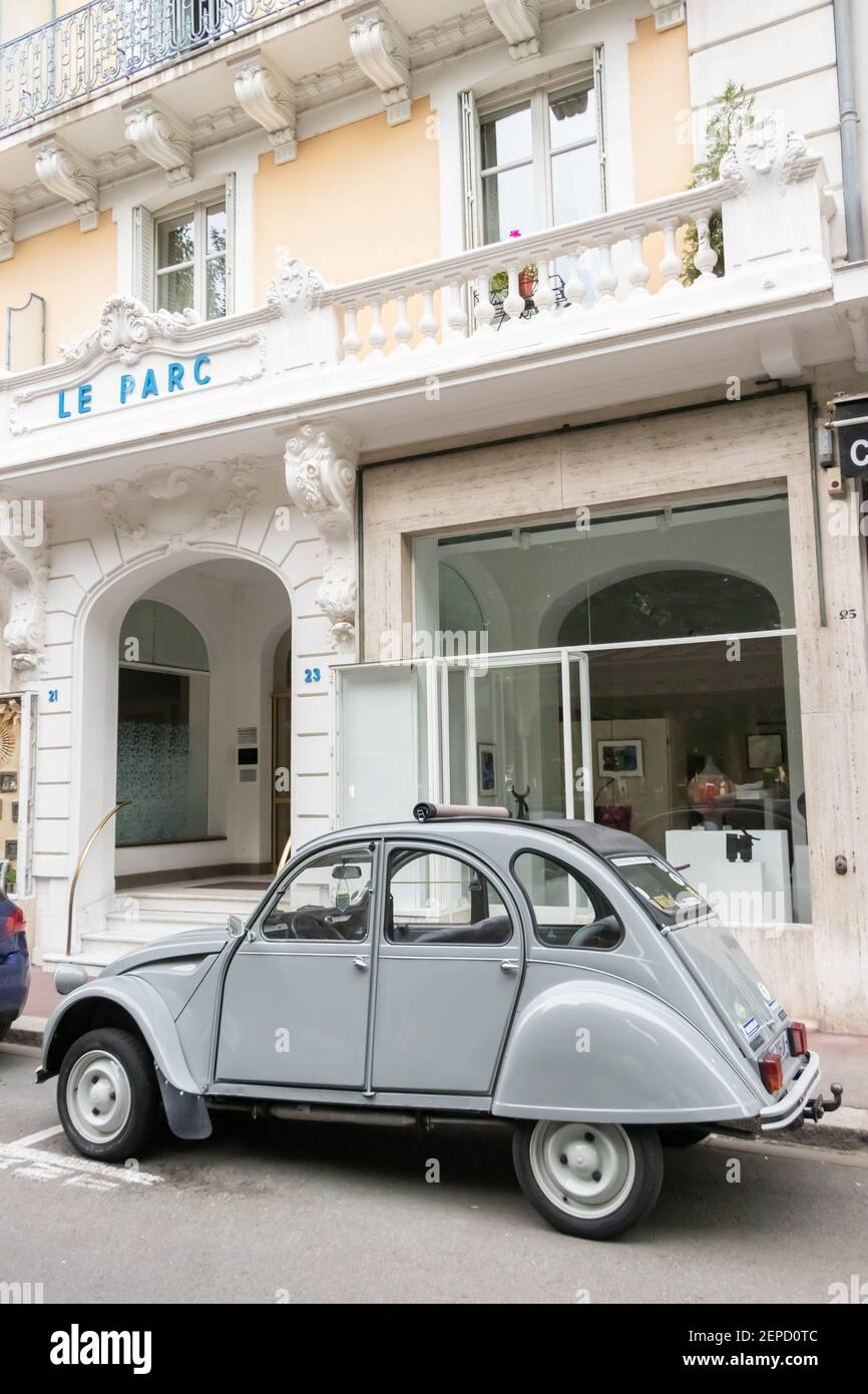 classic French small car the vintage Citroen 2CV in grey in Vichy ...