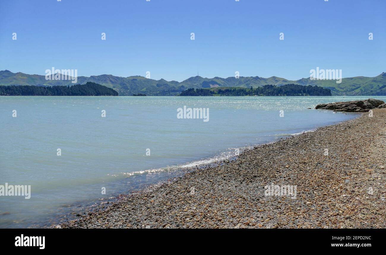 Idyllic landscape around Akaroa, a small town in the Canterbury region ...