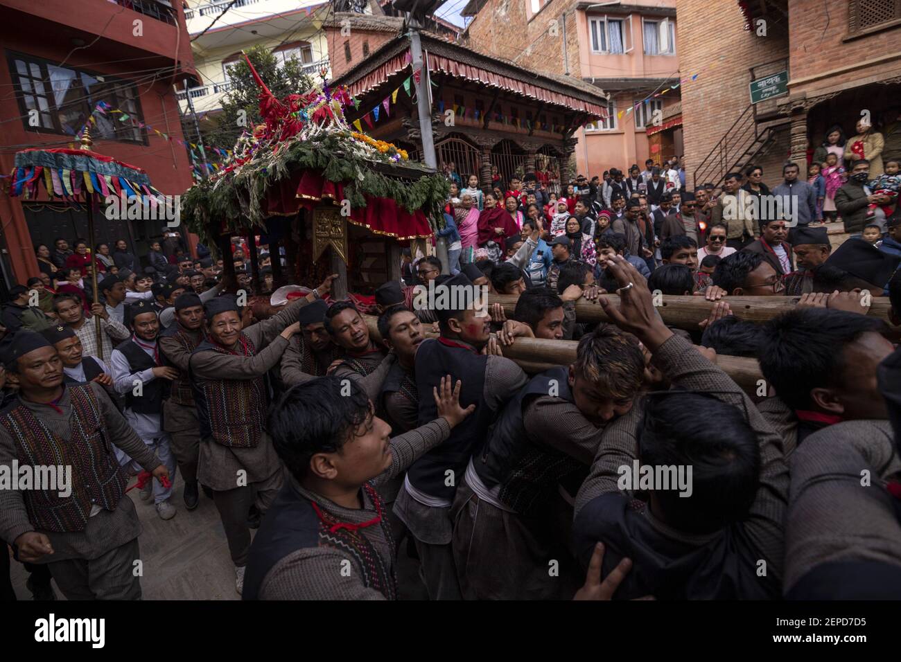 Nepalese devotees carry the chariot of Indrayani Goddess during the ...