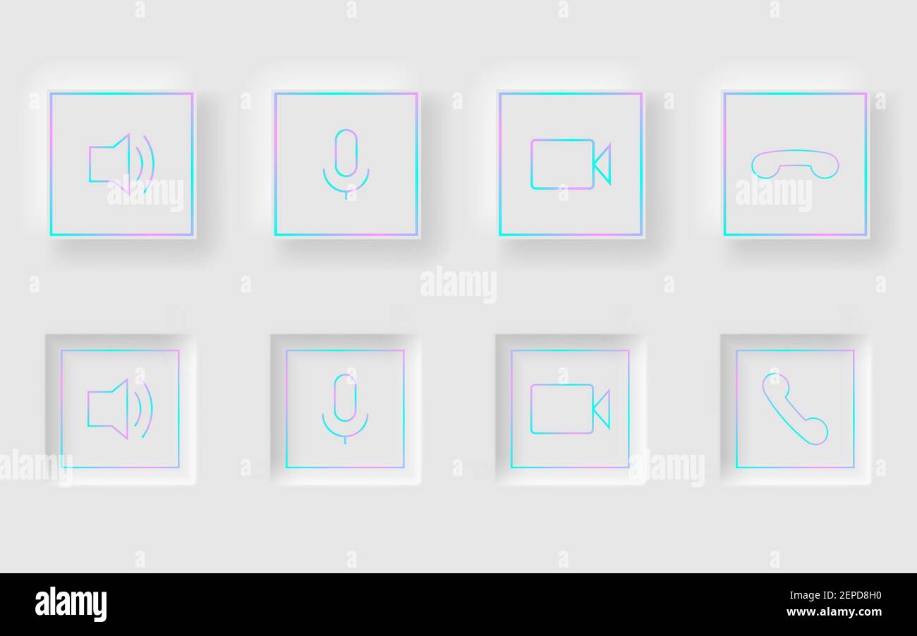 White square buttons in Neomorphism design style. Communication buttons set modern buttons ...