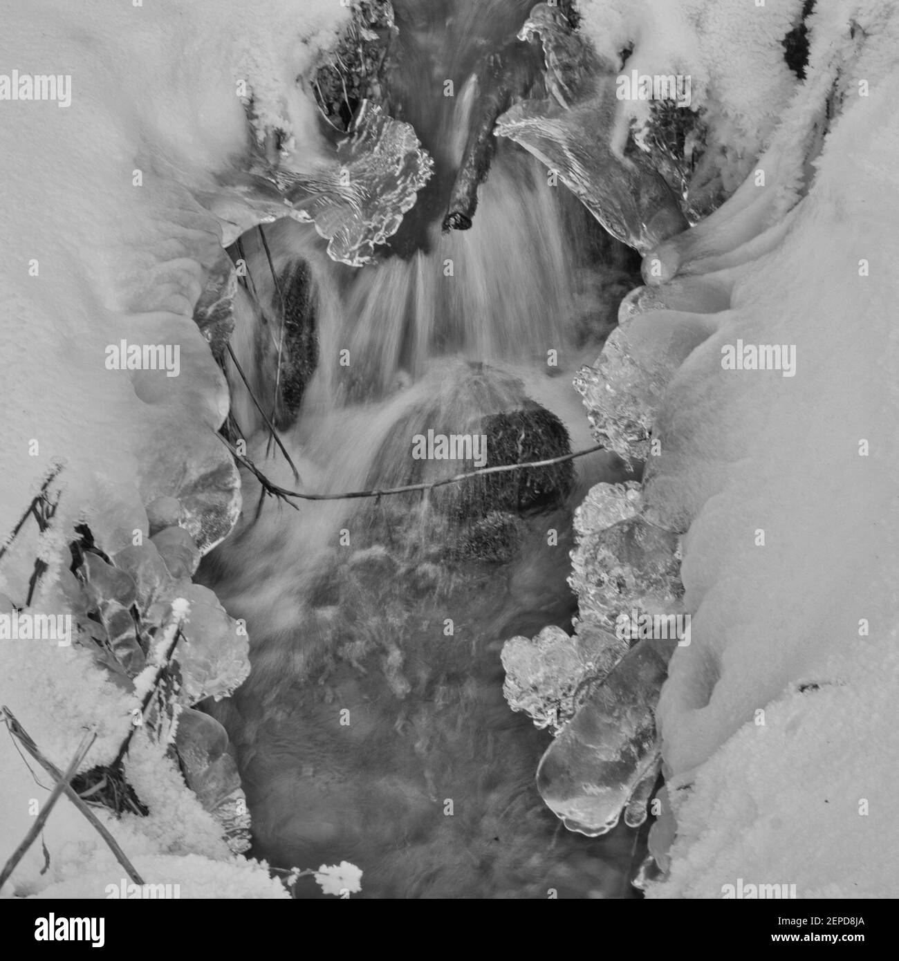 Mountain stream ice snow Black and White Stock Photos & Images - Alamy