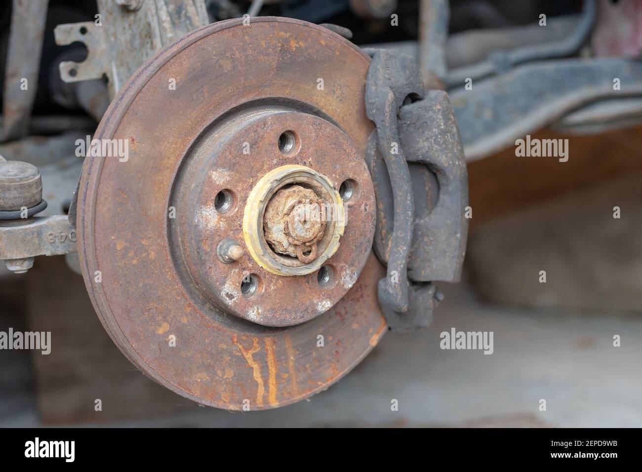 old rust brake disk repairing. checking brakes at transportation Stock ...
