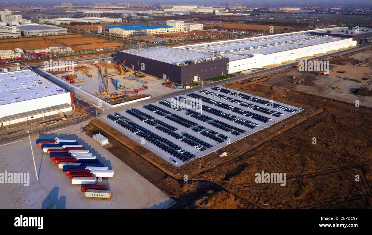 Aerial view of newly-manufactured Tesla Model 3 electric cars on the ...