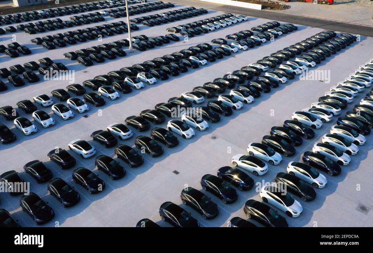 Aerial view of newly-manufactured Tesla Model 3 electric cars on the ...