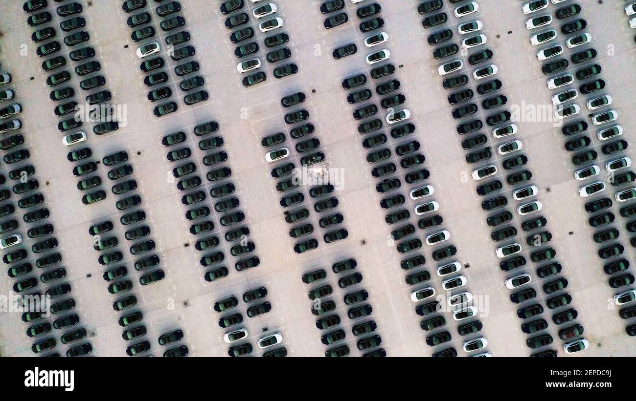 Aerial view of newly-manufactured Tesla Model 3 electric cars on the ...