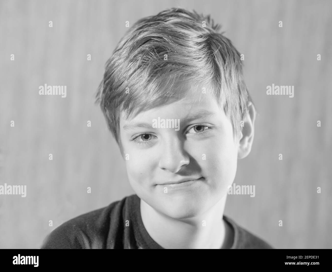 Black and white portrait of caucasian boy on grey background Stock ...