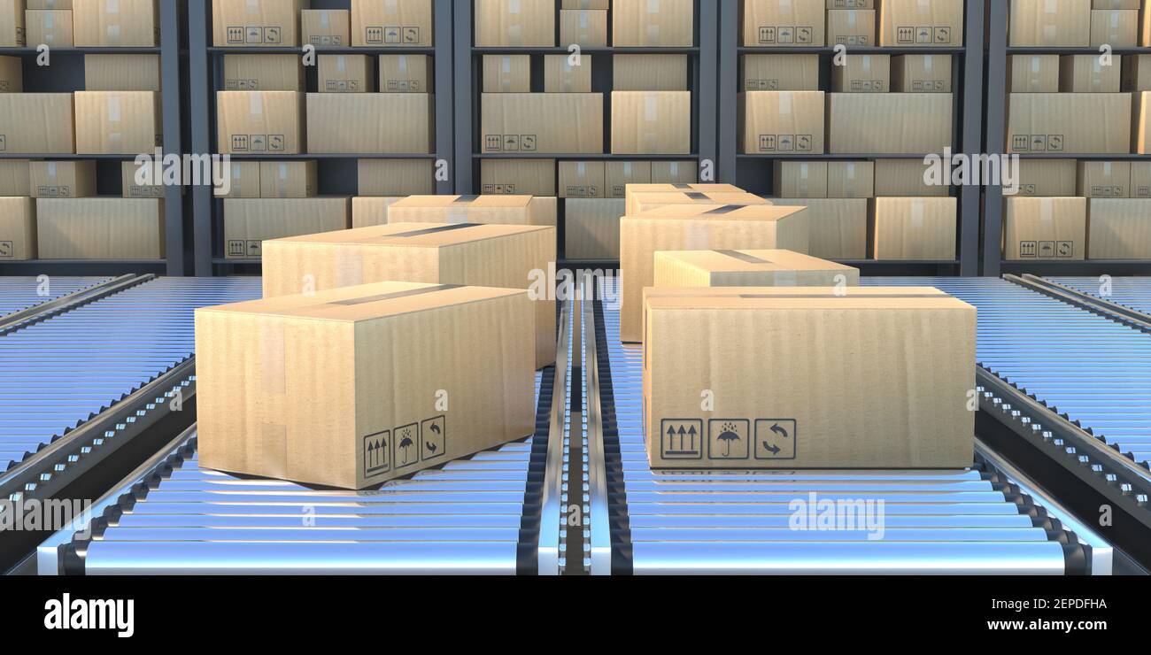 Carton boxes on the conveyor belt. Industry warehouse background ...