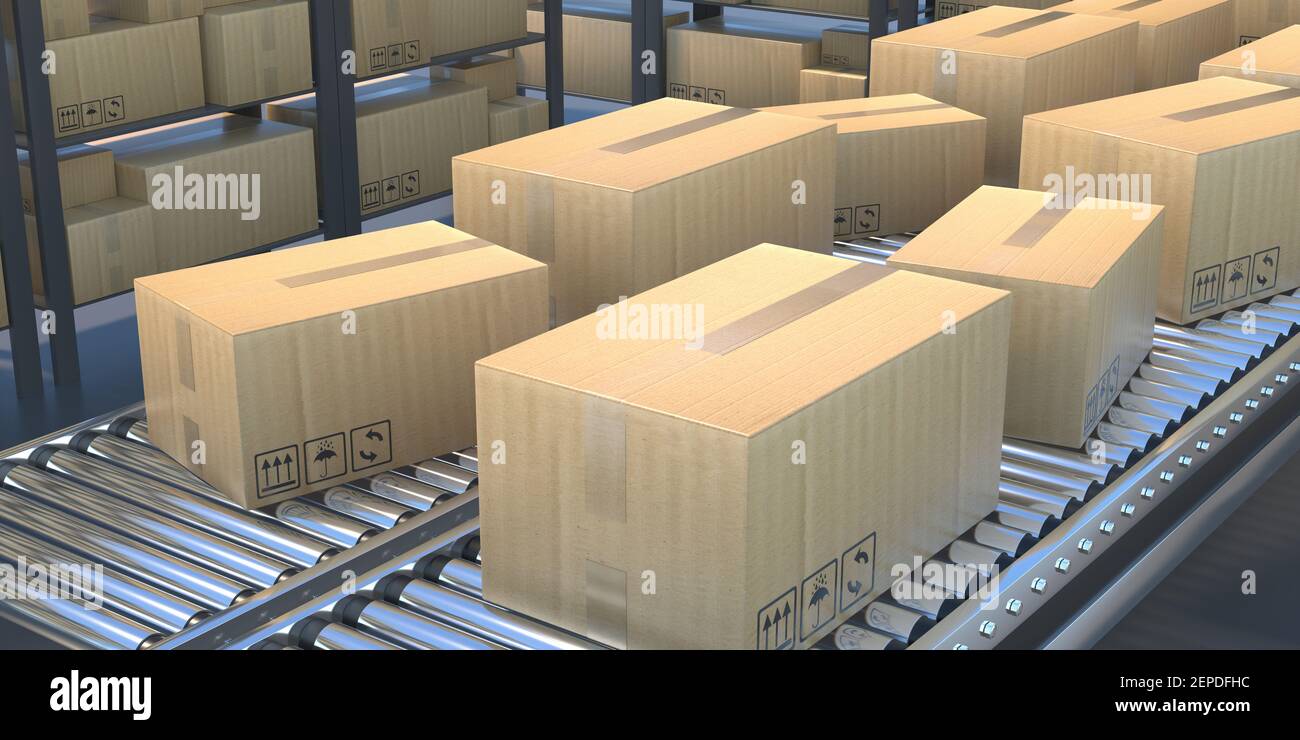 Cardboard boxes on the conveyor belt. Industry warehouse background ...