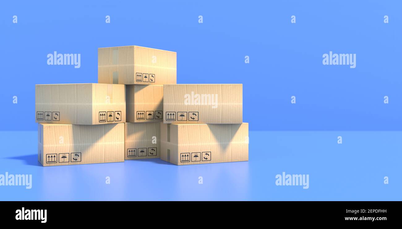 Moving carton boxes on blue floor and wall background. Cartboard ...