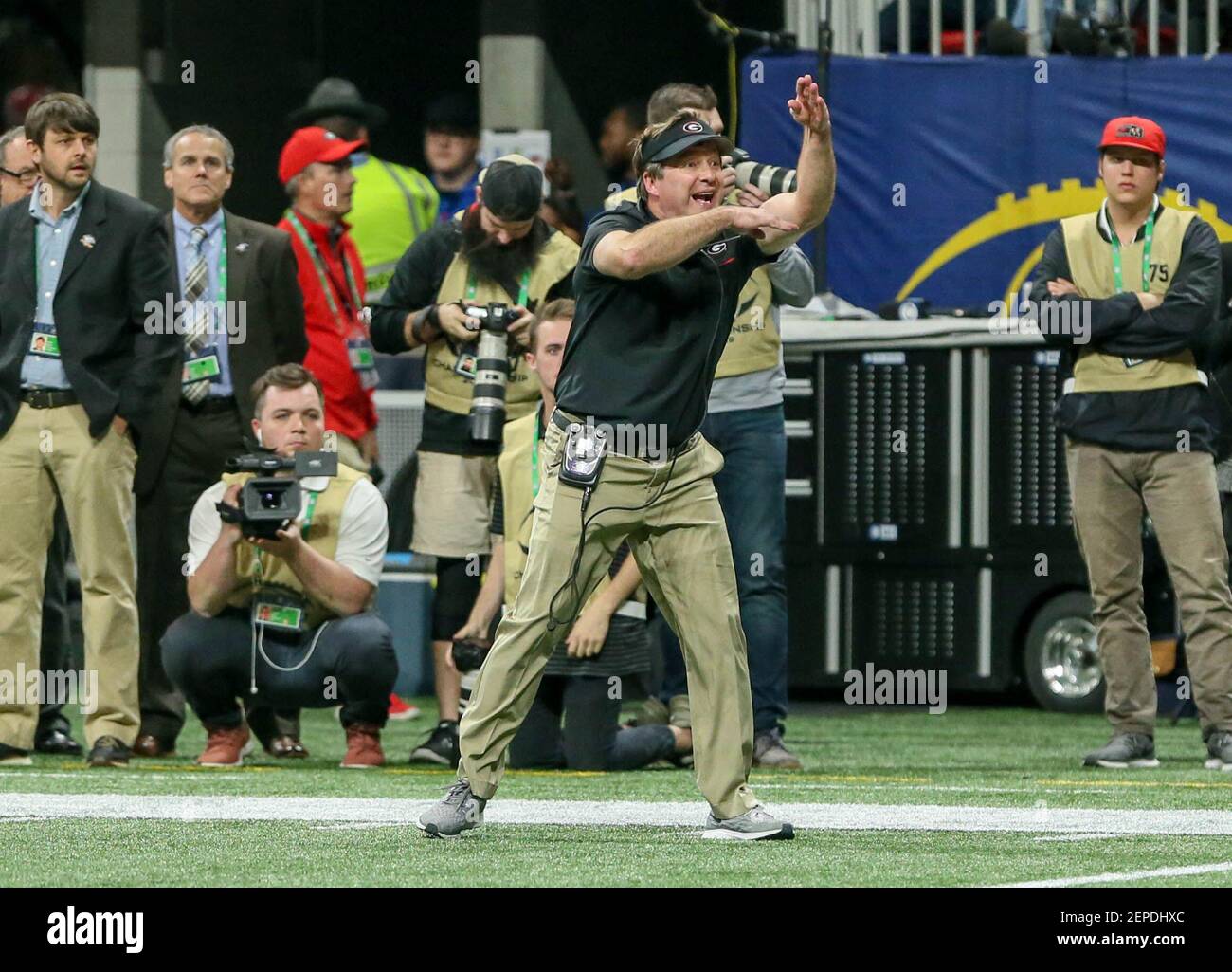 December 07, 2019: Georgia Head Coach Kirby Smart argues a non call ...
