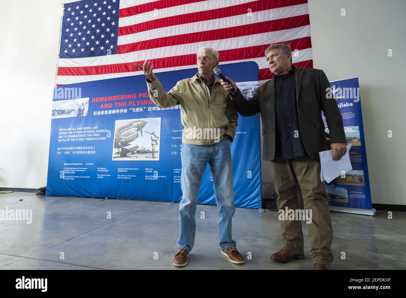 99 years old World War II veteran Harry Moyer (L) speaks to audience in ...