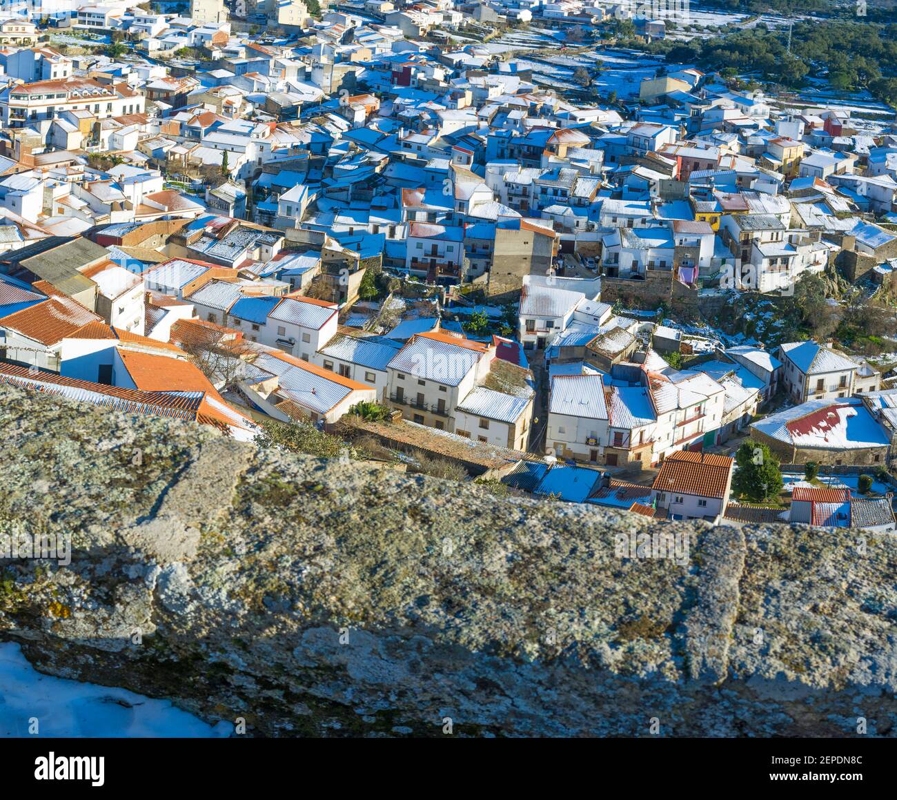 Snow-covered Montanchez town overview. Caceres, Extremadura, Spain ...
