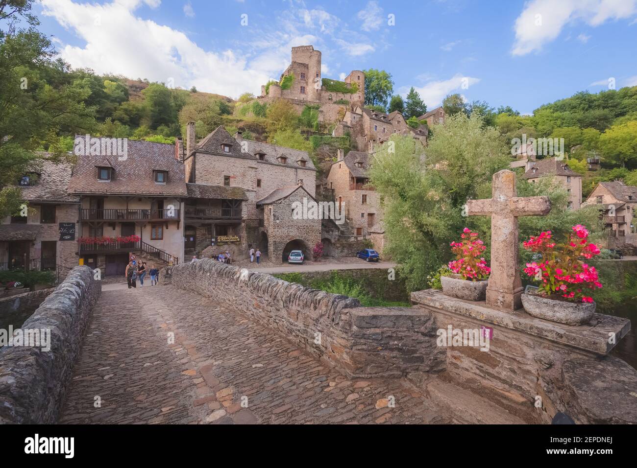 Belcastel, France - August 14 2018: Old stone bridge over the river ...