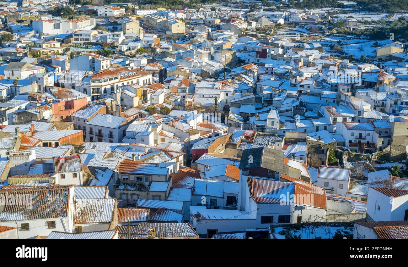 Snow-covered Montanchez town overview. Caceres, Extremadura, Spain ...