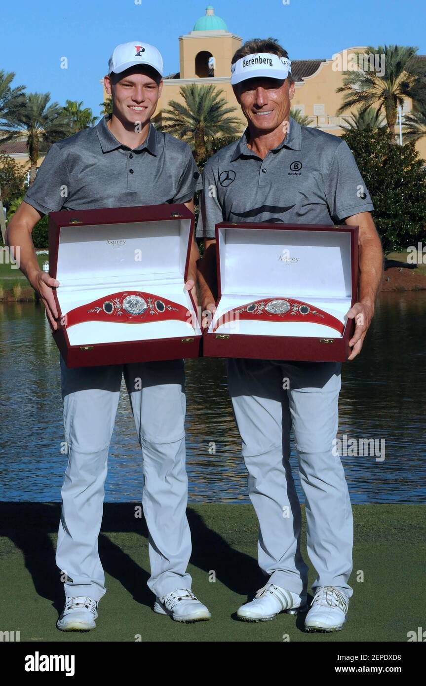 Bernhard Langer (right) and his son, Jason, pose with the Willie Park ...