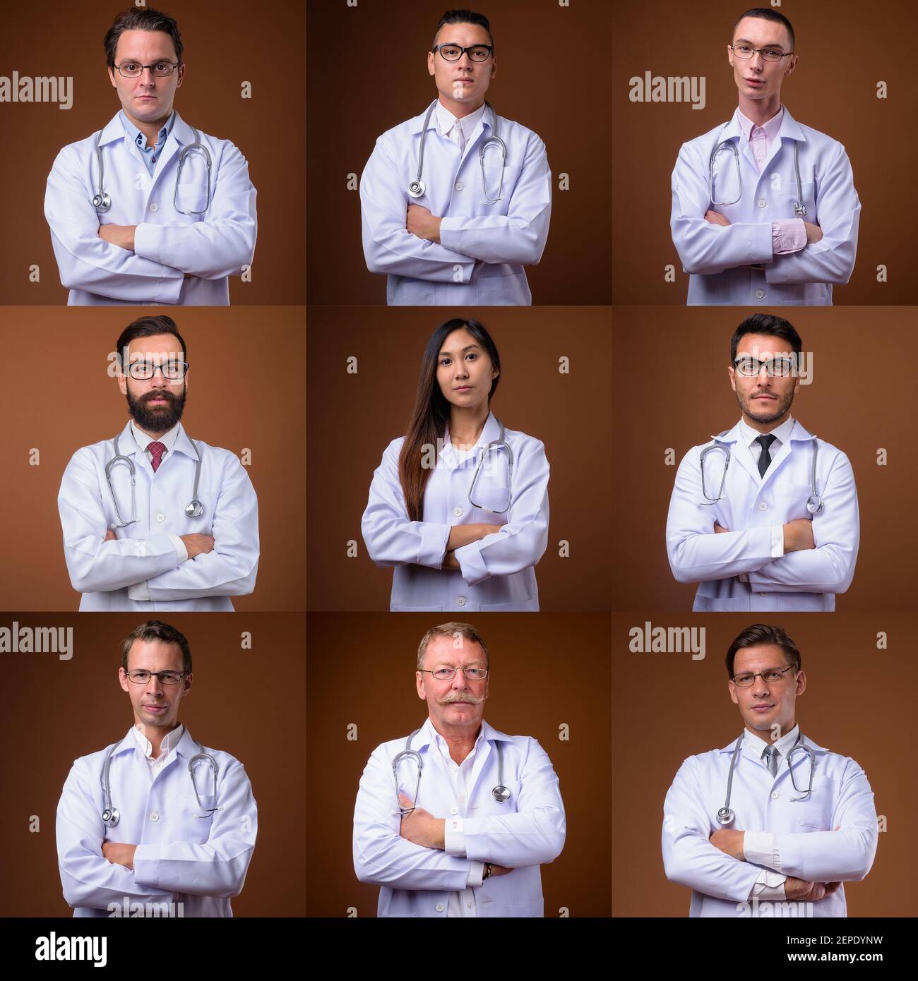Portraits of doctors and healthcare workers looking at camera shot in ...