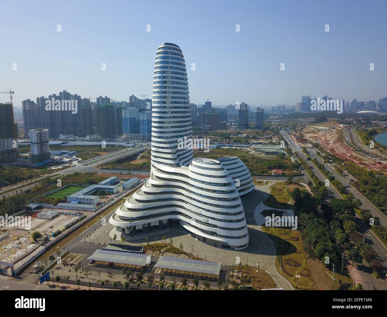 An aerial view of the unique-shaped Guangxi New Media Center, a new ...