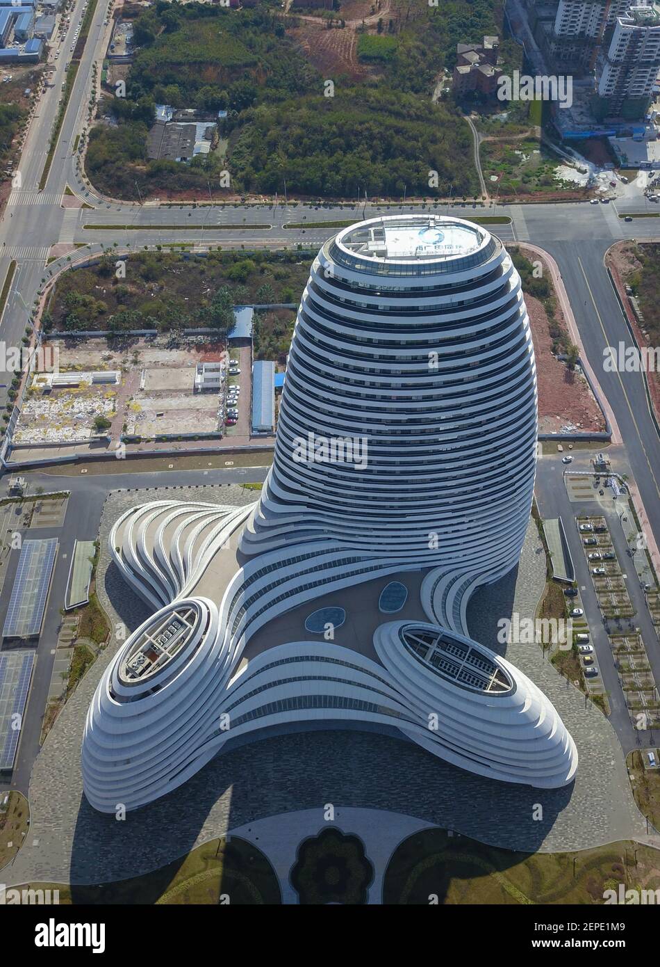 An aerial view of the unique-shaped Guangxi New Media Center, a new ...