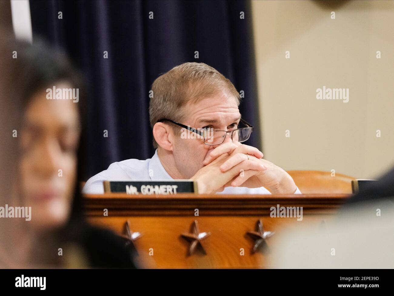 United States Representative Jim Jordan (Republican of Ohio) listens ...
