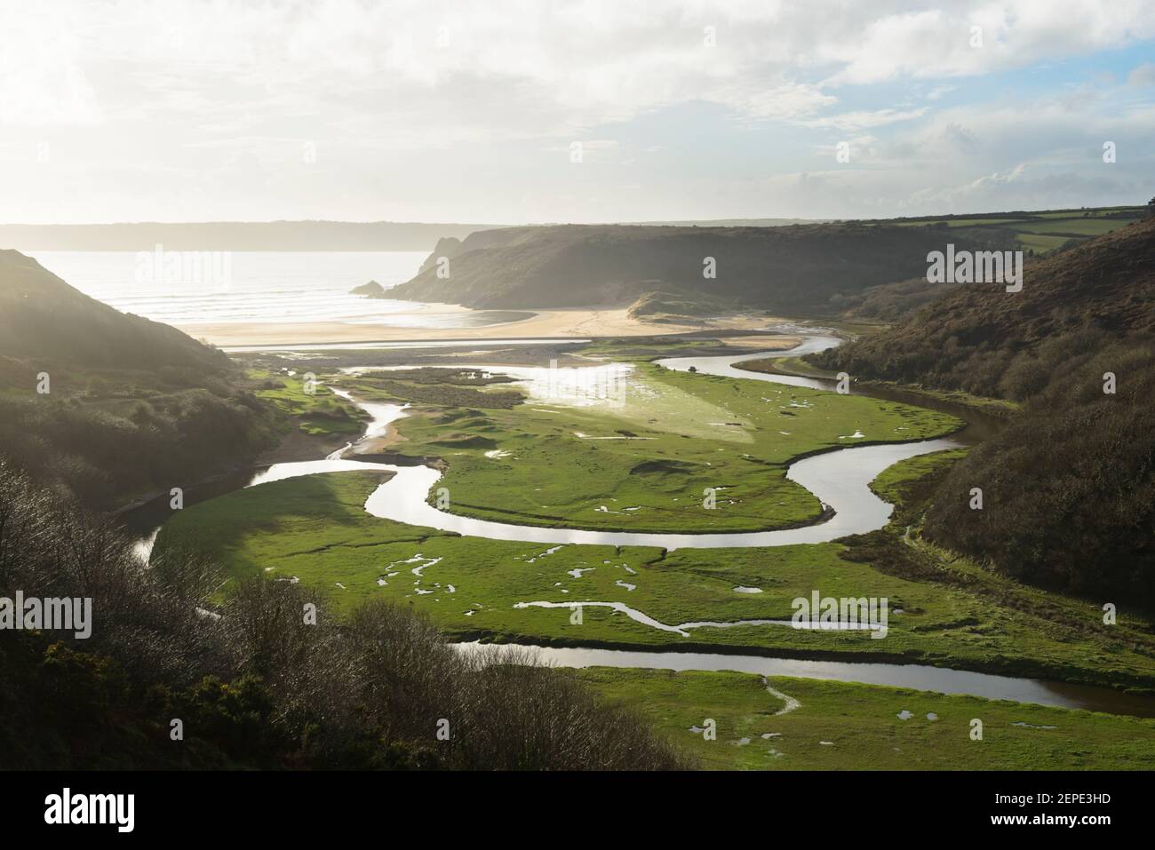 View over Three Cliffs Bay from Pennard Castle on the Gower Peninsula ...