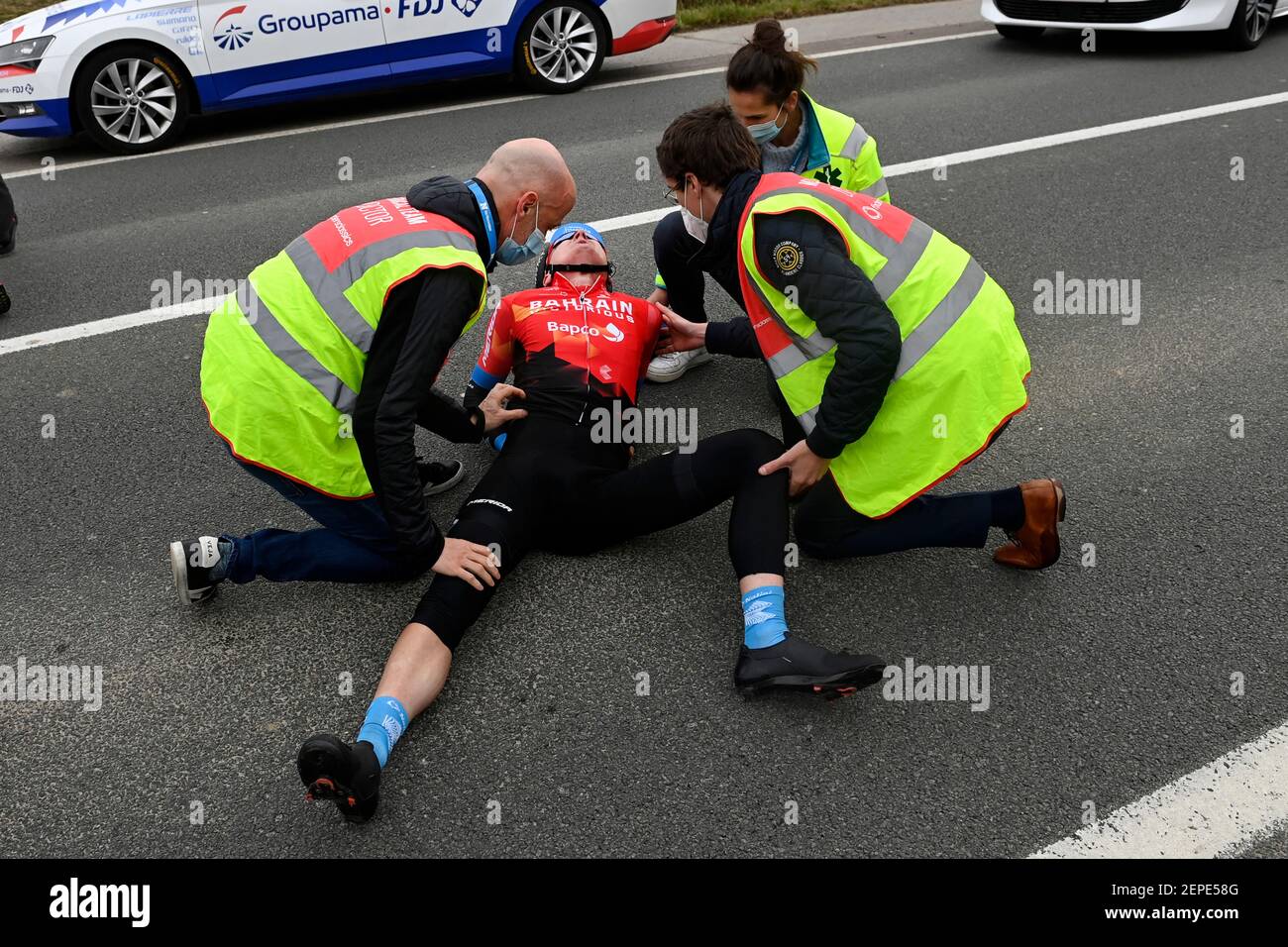 Ukrainian Mark Padun of Bahrain Victorious pictured after a fall during ...