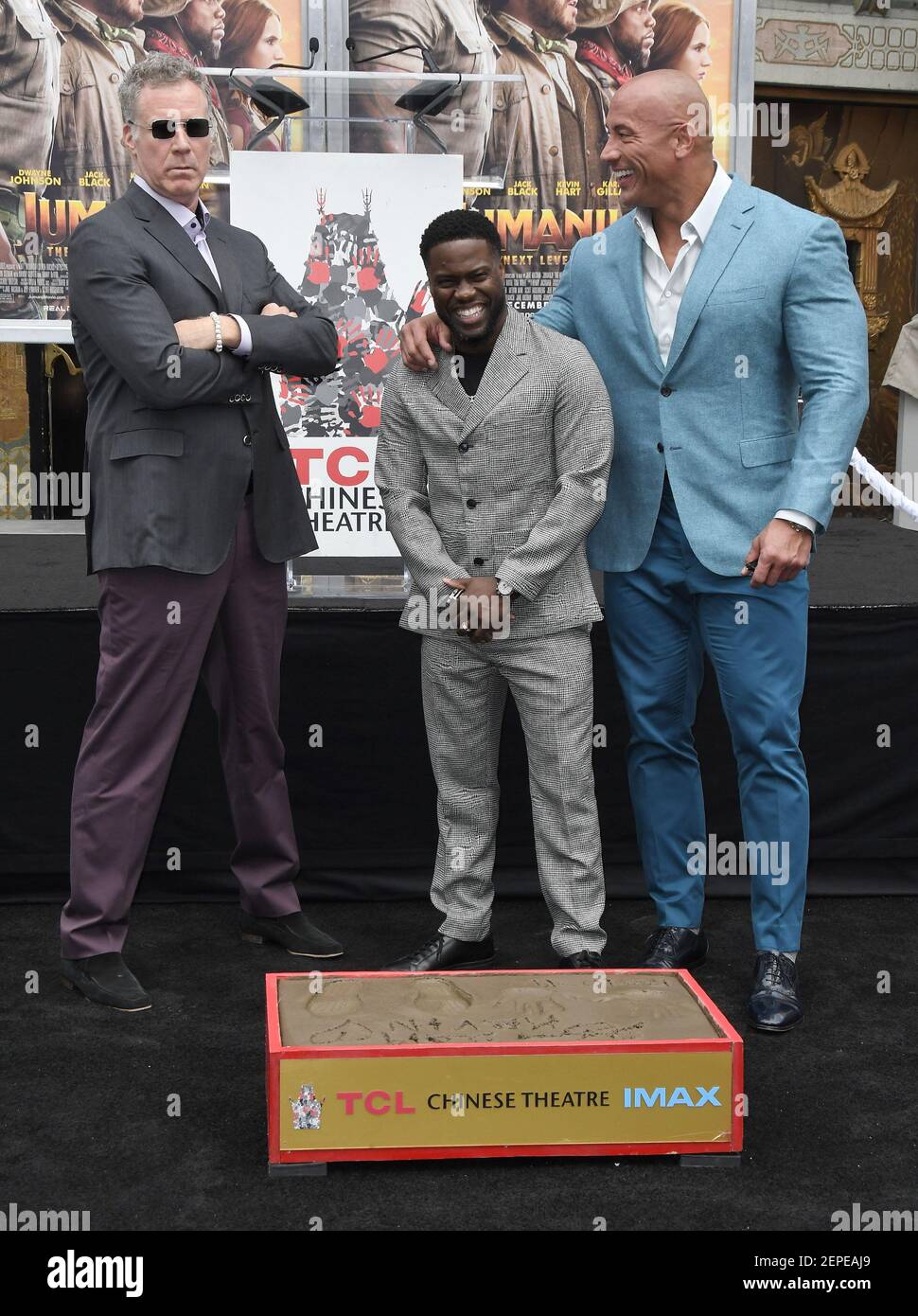 (L-R) Will Ferrell, Kevin Hart and Dwayne Johnson at the Kevin Hart ...