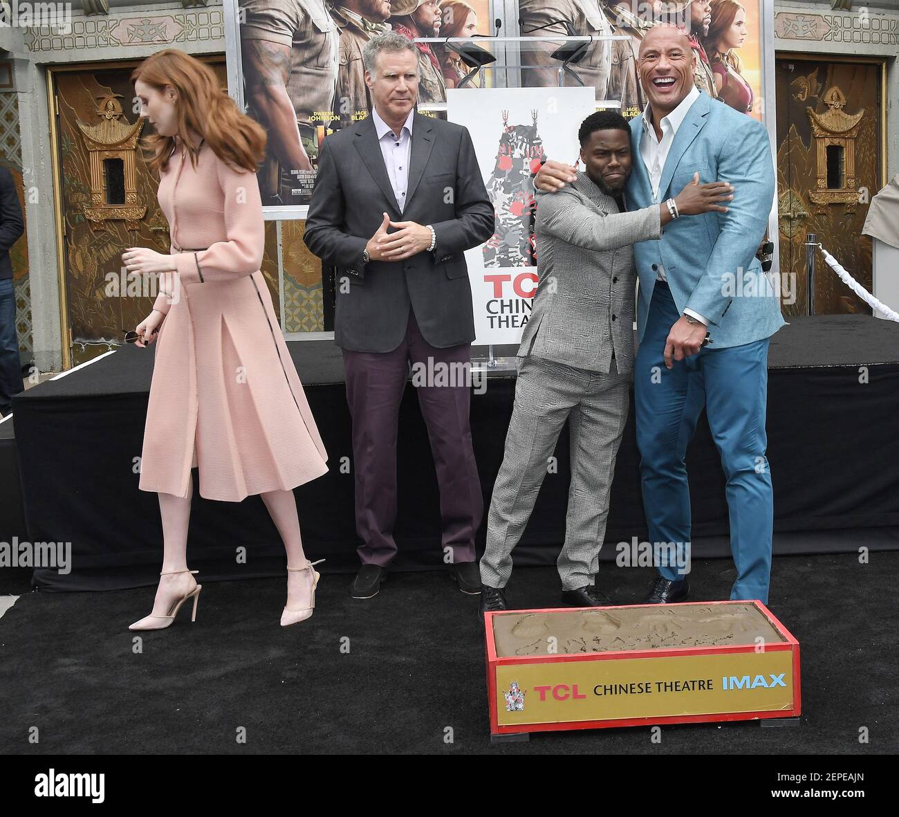 (L-R) Karen Gillan, Will Ferrell, Kevin Hart and Dwayne Johnson at the ...
