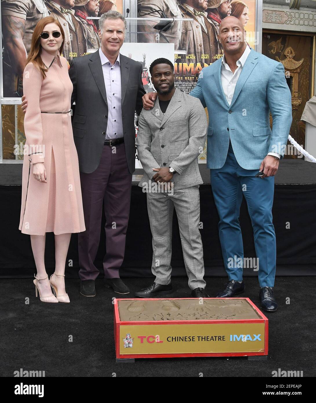 (L-R) Karen Gillan, Will Ferrell, Kevin Hart and Dwayne Johnson at the ...
