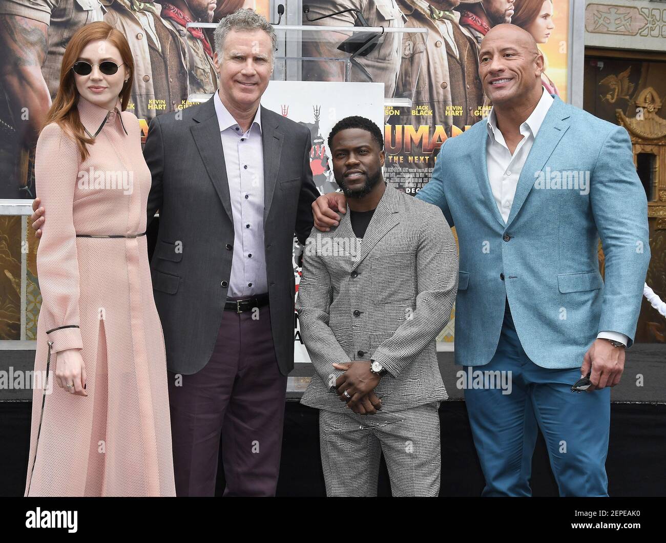(L-R) Karen Gillan, Will Ferrell, Kevin Hart and Dwayne Johnson at the ...