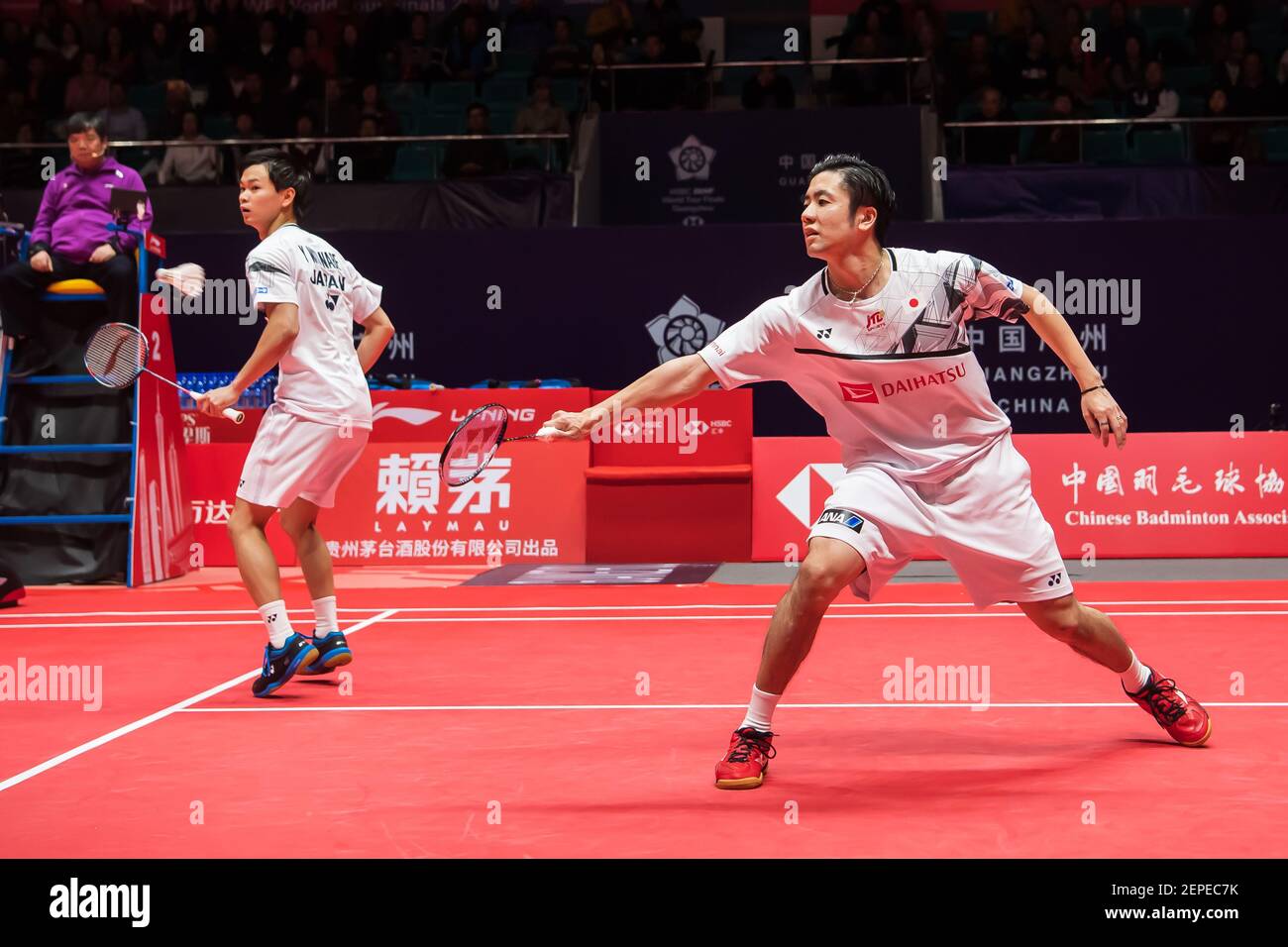Japanese professional badminton players Hiroyuki Endo and Yuta Watanabe ...