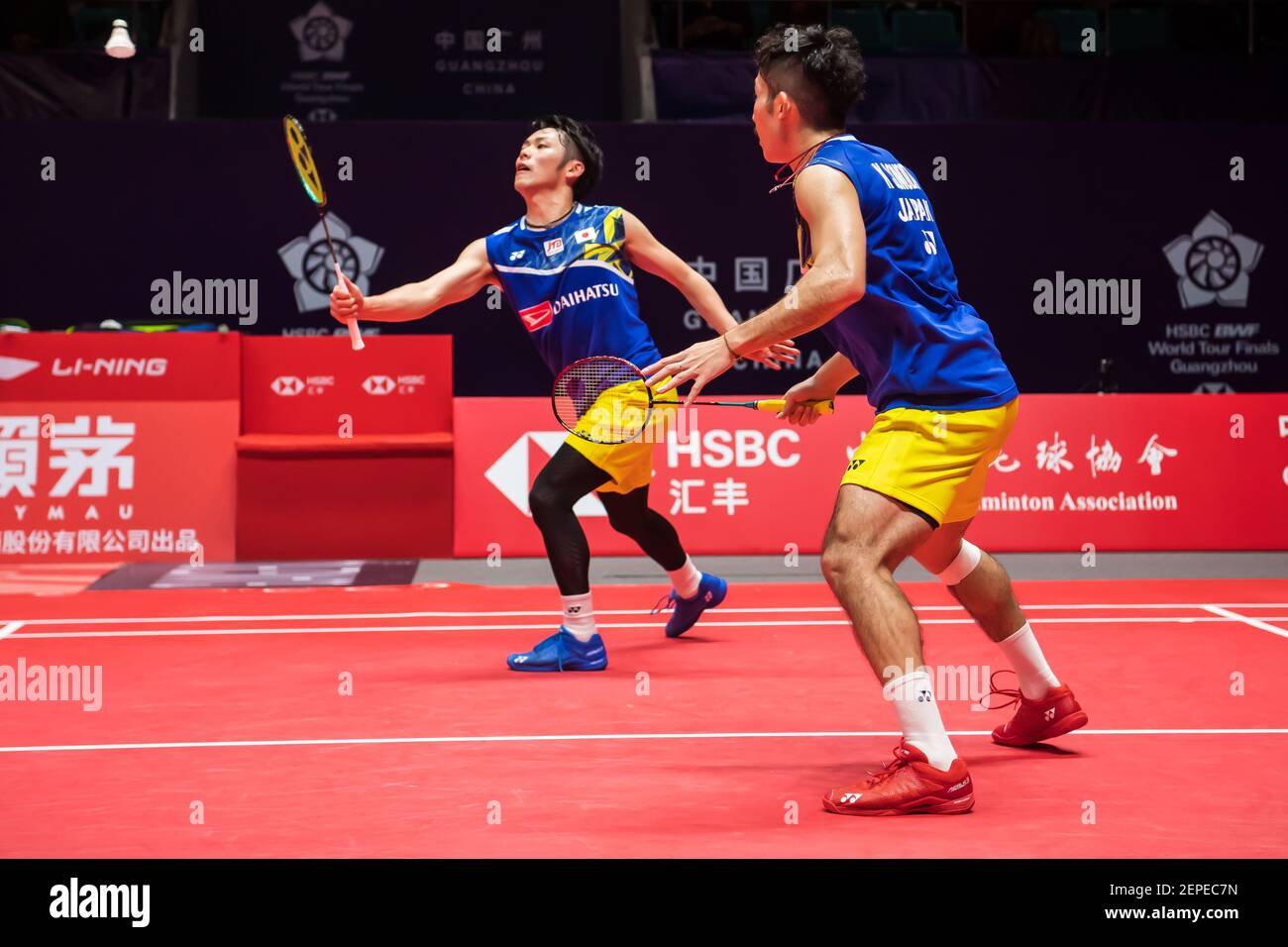 Japanese professional badminton players Keigo Sonoda and Takeshi Kamura ...