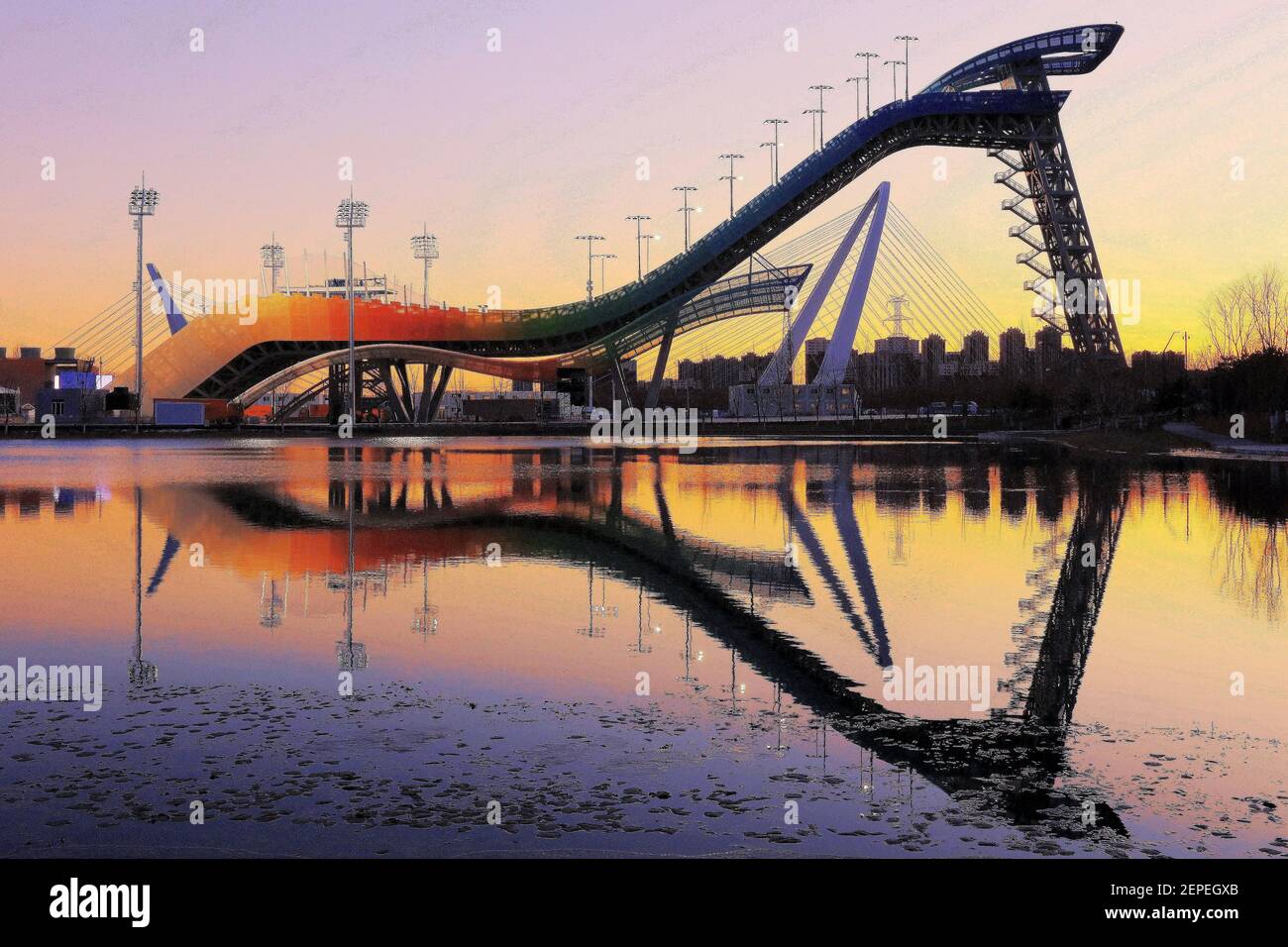 The Shougang Ski Jumping Platform turn on light for test at night ...