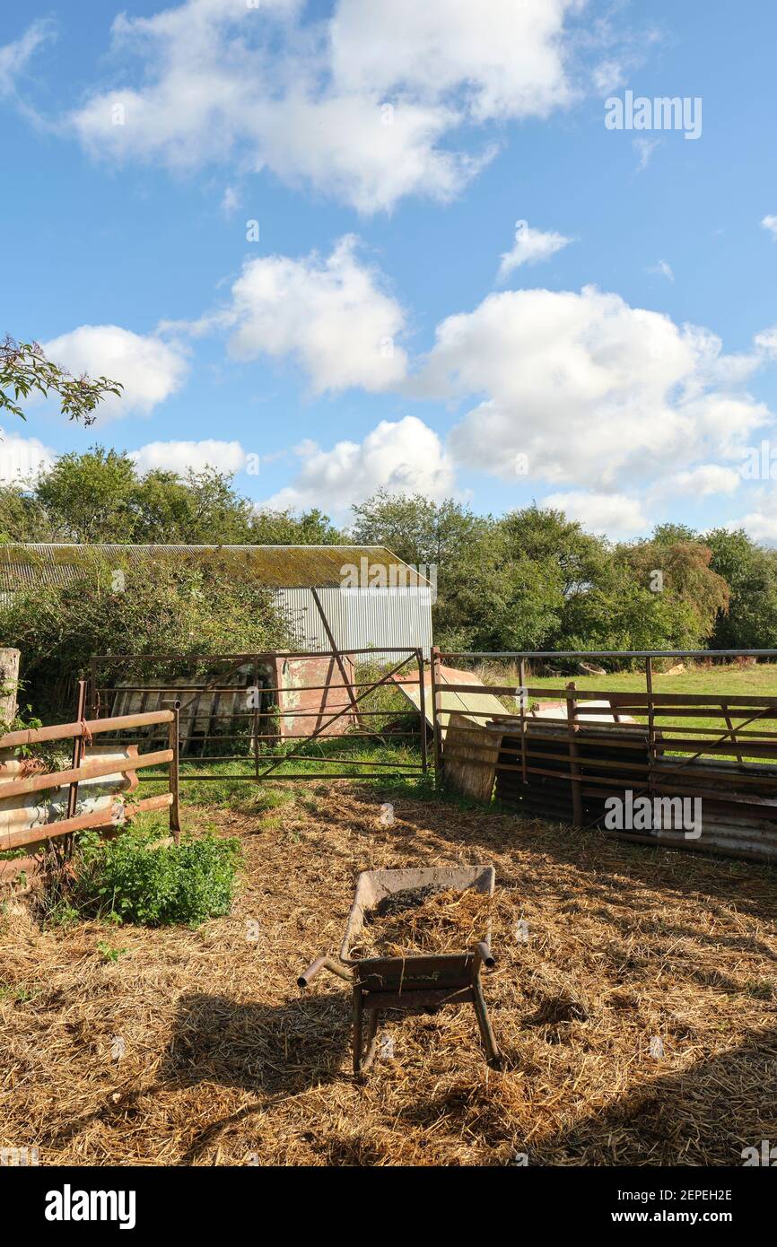 Pen fenced area by a cow shed with straw on the ground & a wheel barrow ...