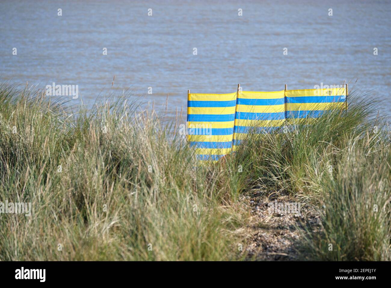 A yellow and blue striped windbreak on the edge of a sand dune on ...
