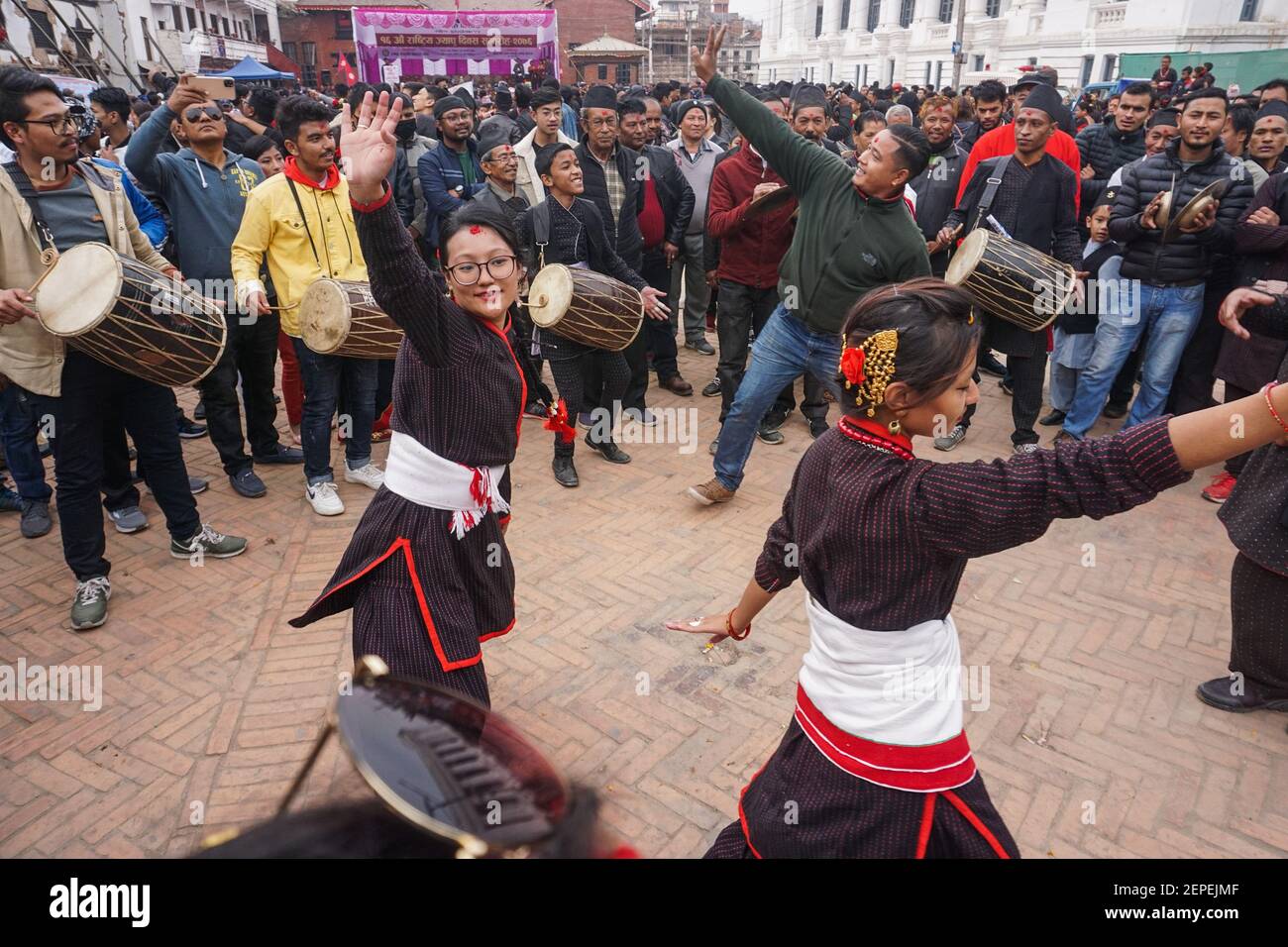 Women from Newar community dressed in traditional attire dance during ...