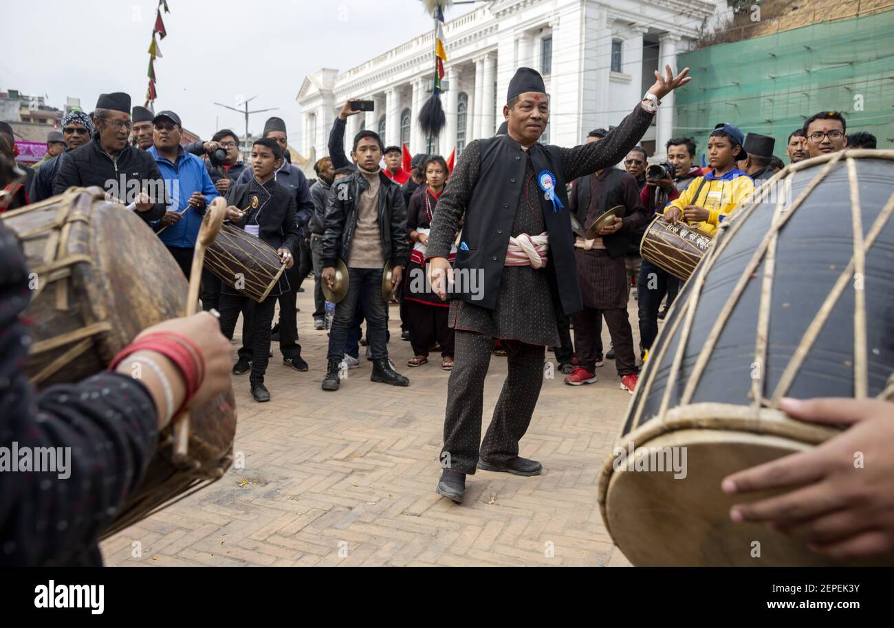 A man from Newar community dressed in a traditional attire dances ...