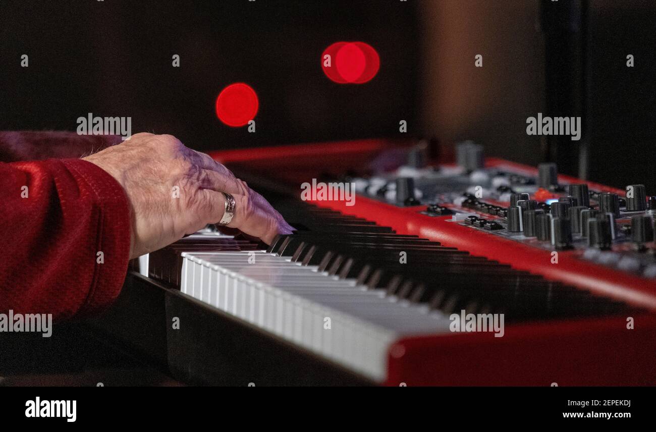 American composer, musician Terry Riley performing on the stage of ...