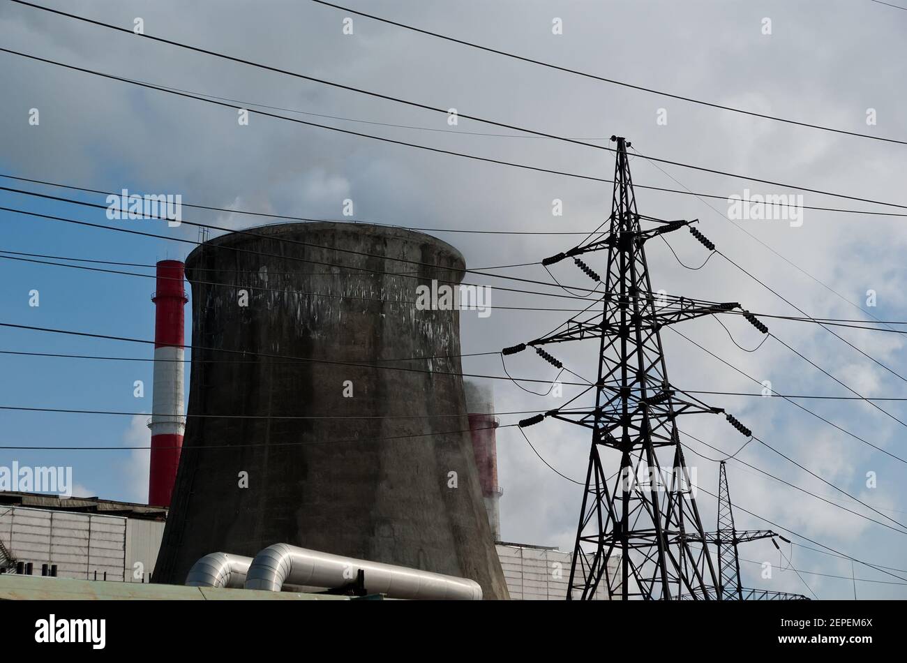 electric pylon and pipes of coal burning power station Stock Photo - Alamy