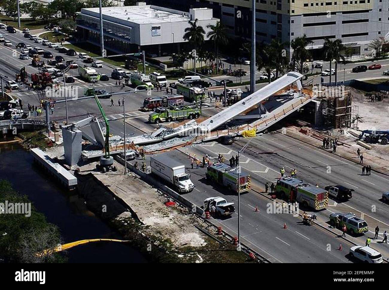 An aerial view of the collapsed FIU bridge in Miami that left six ...