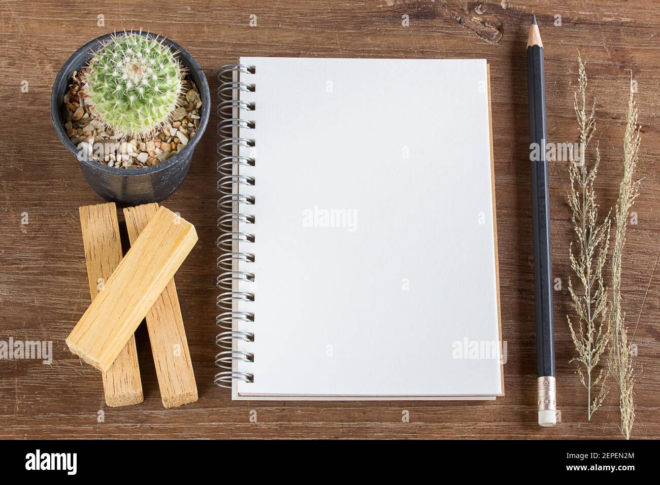 Pencil and notebook on wooden table background with copy space Stock ...