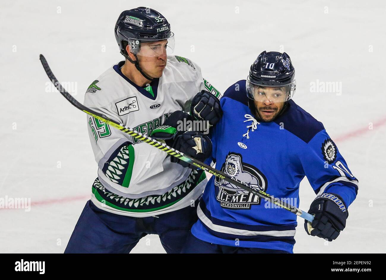 Florida Everblades defenseman Aaron Harstad (55) and Jacksonville ...