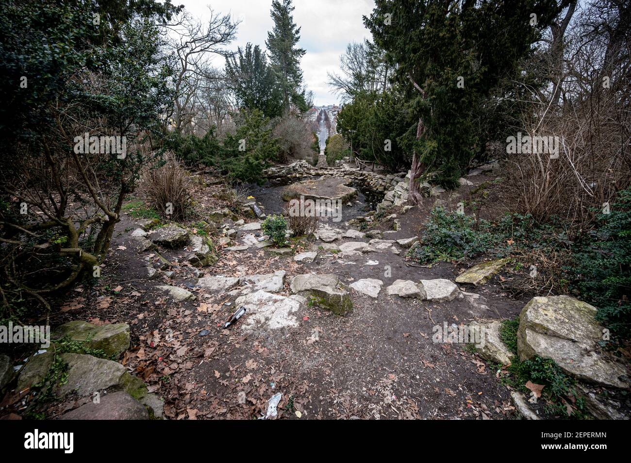 Berlin, Germany. 27th Feb, 2021. The empty and drained waterfall in ...