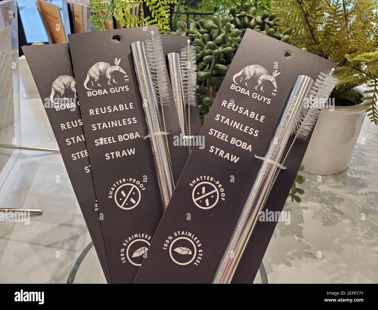 Container of metal reusable boba tea straws at Boba Guys cafe in San ...