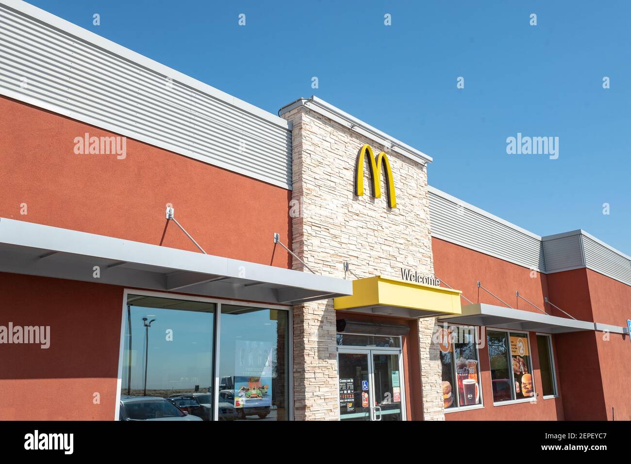 Facade of newly renovated McDonald's fast food restaurant, along the Interstate 5 freeway in ...