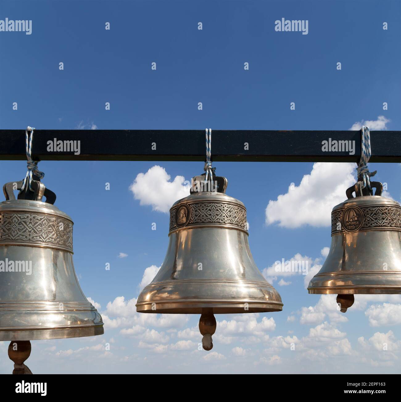 Orthodox bells closeup against the sky with clouds. New Jerusalem in ...