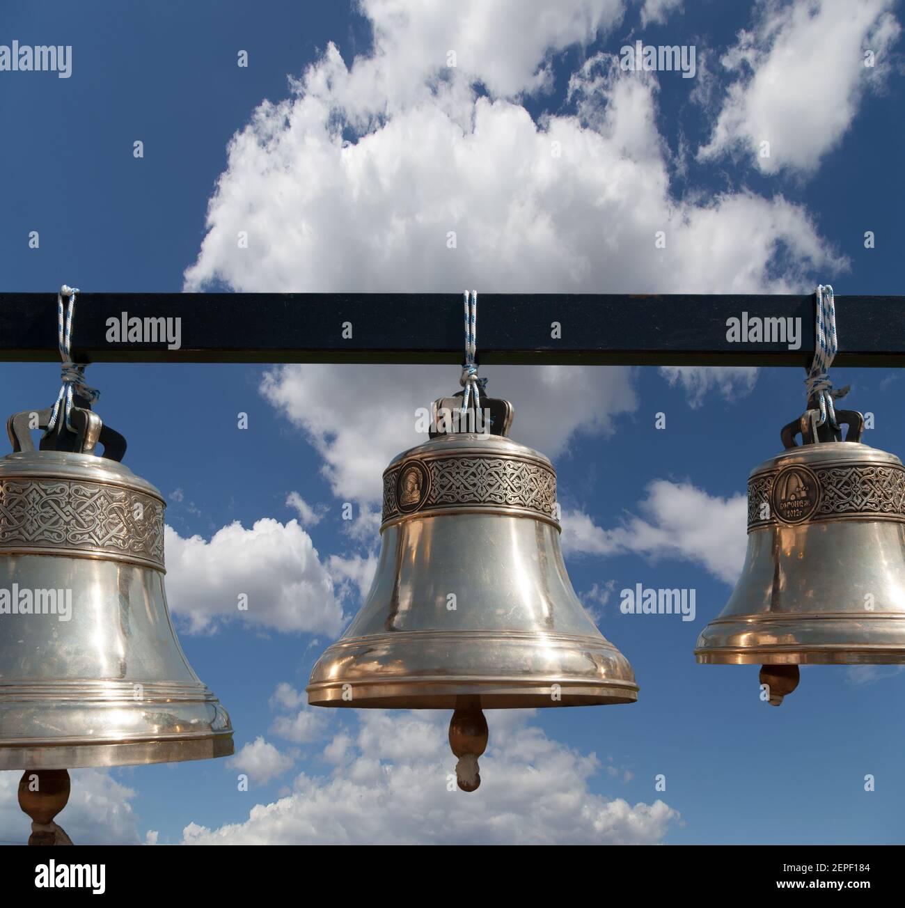 Orthodox bells closeup against the sky with clouds. New Jerusalem in ...