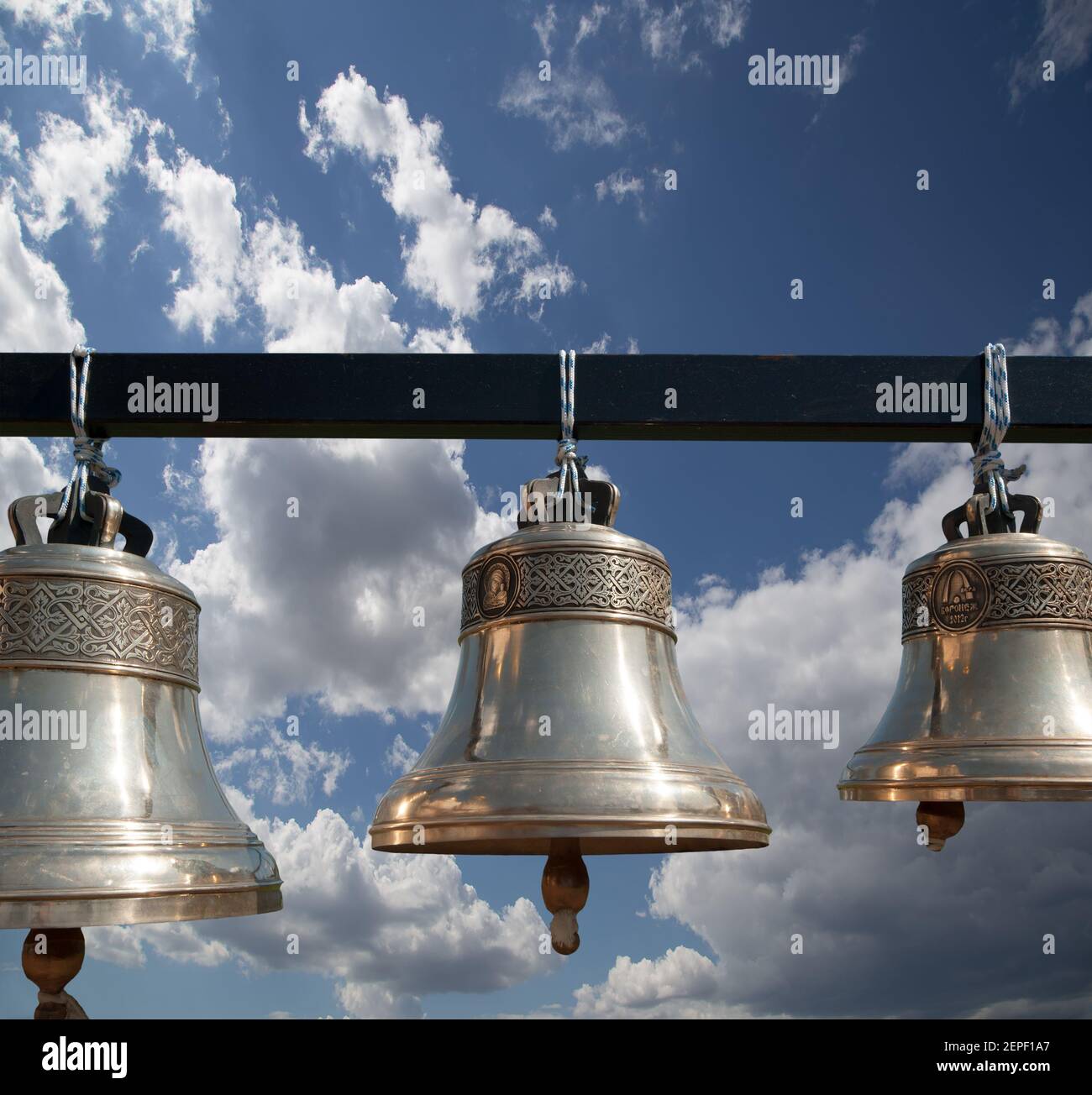 Orthodox bells closeup against the sky with clouds. New Jerusalem in ...