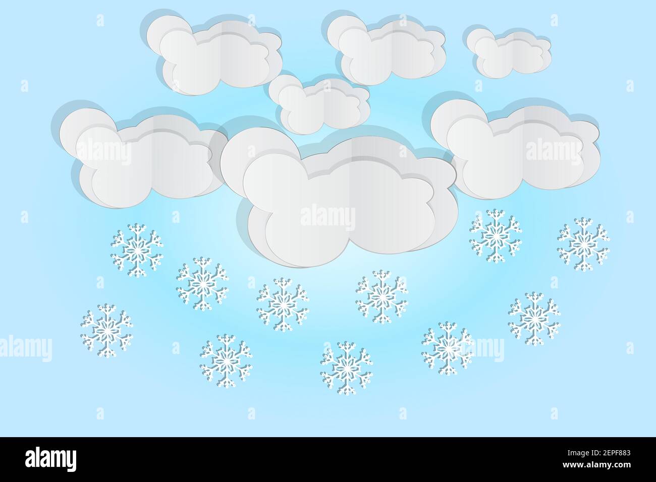 Paper cut clouds with snowflakes on blue sky. Origami art snowing ...